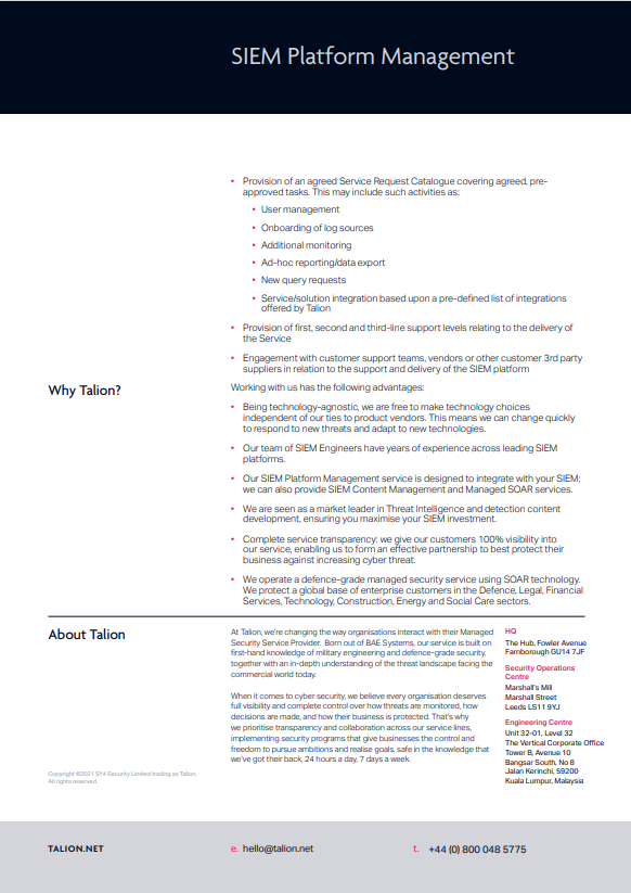 SIEM Platform Management Datasheet